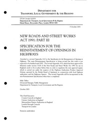 New roads and street works act 1991: Part III. Specification for the ...